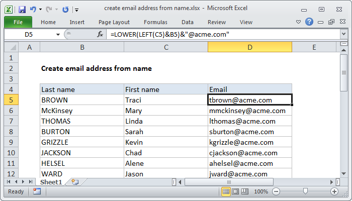 Excel formula: Create email address from name | Exceljet Excel formula: Create email address from name | Exceljet